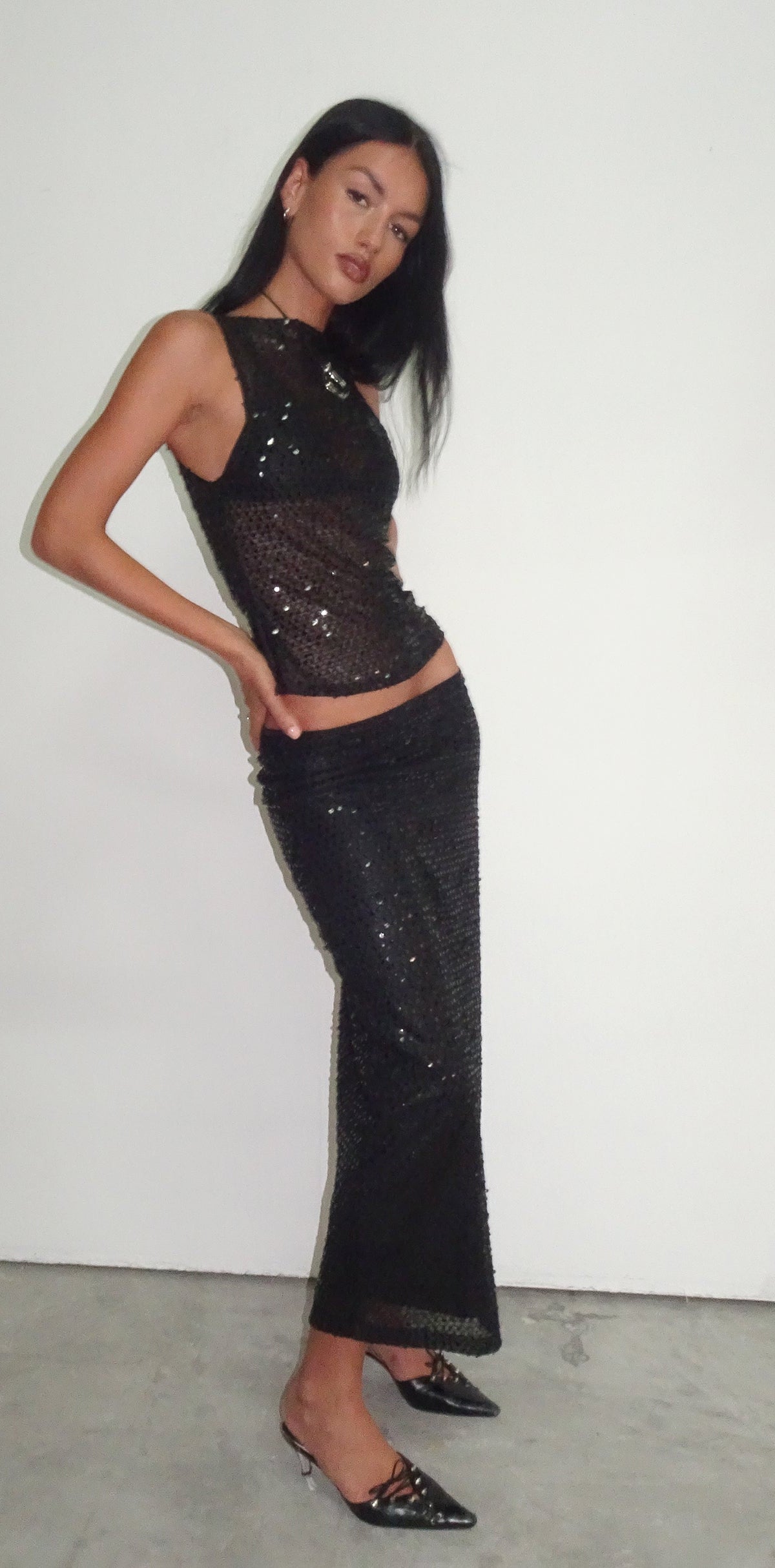 Sequin Knit Black Maxi Skirt | Tresha – motelrocks-com-us