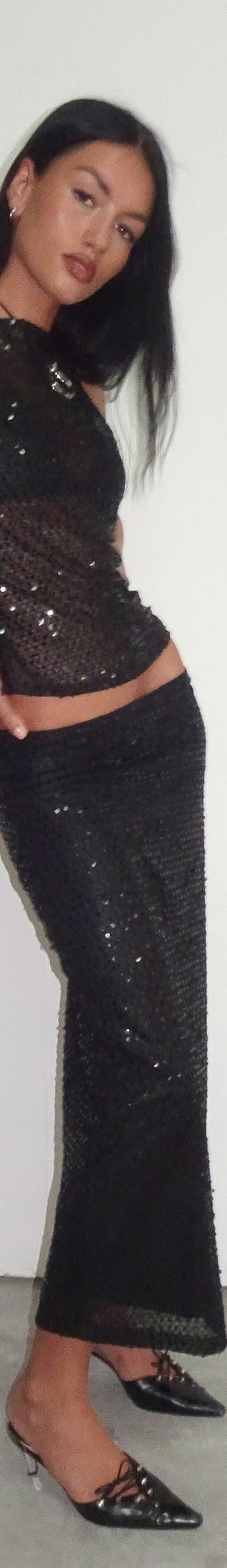 Sequin Knit Black Maxi Skirt | Tresha – motelrocks-com-us