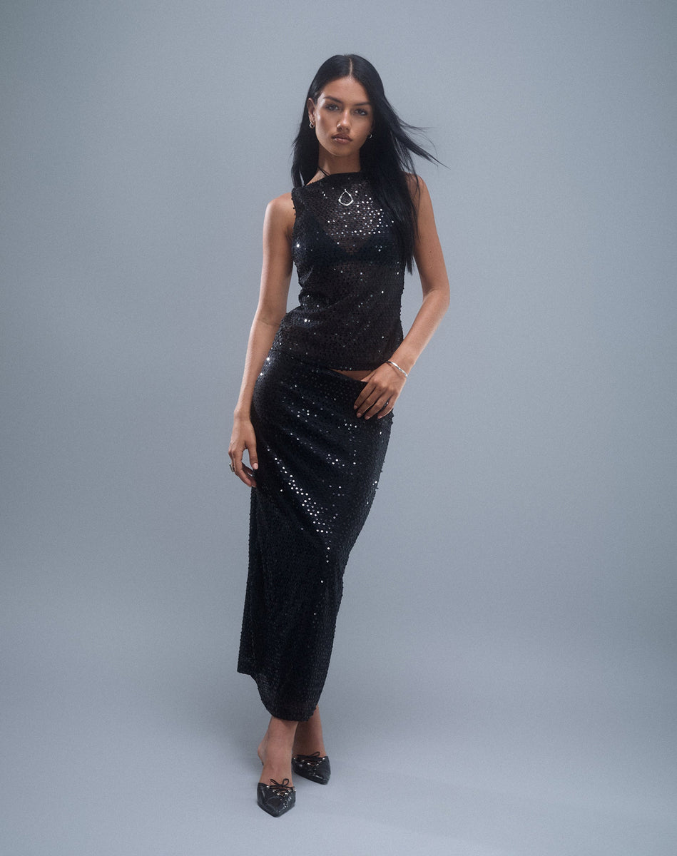 Sequin Knit Black Maxi Skirt | Tresha – motelrocks-com-us