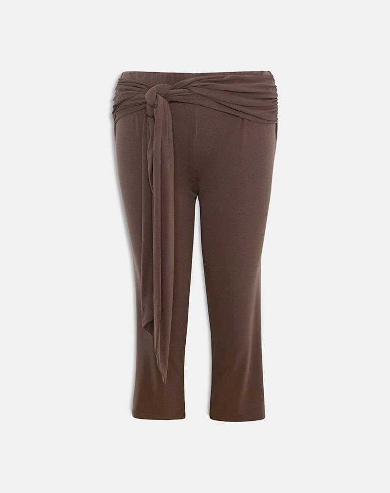 Bitter Chocolate Brown Cupro Tie Side Capri Trousers | Effy ...