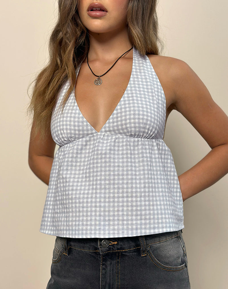 Blue and Grey Mini Gingham Halter Top | Eldana – motelrocks-com-us