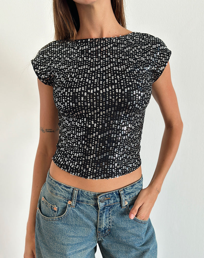Black Gauzy Sequin Backless Top | Erika – motelrocks-com-us