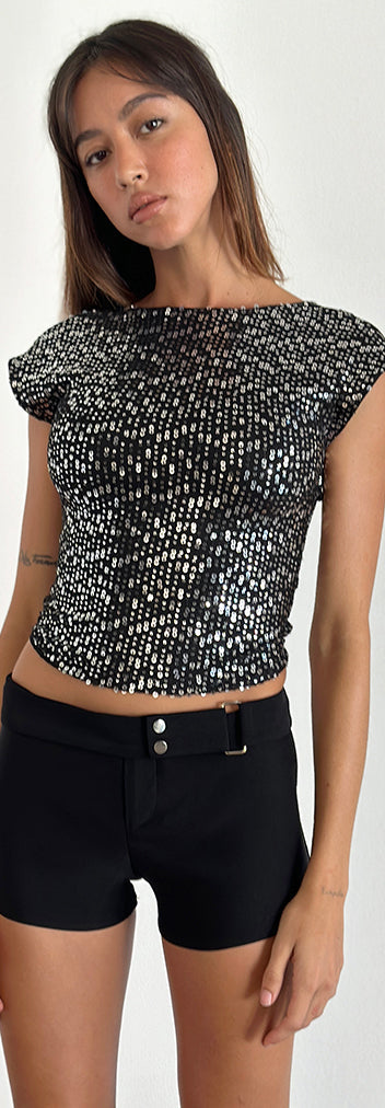 Black Gauzy Sequin Backless Top | Erika – motelrocks-com-us