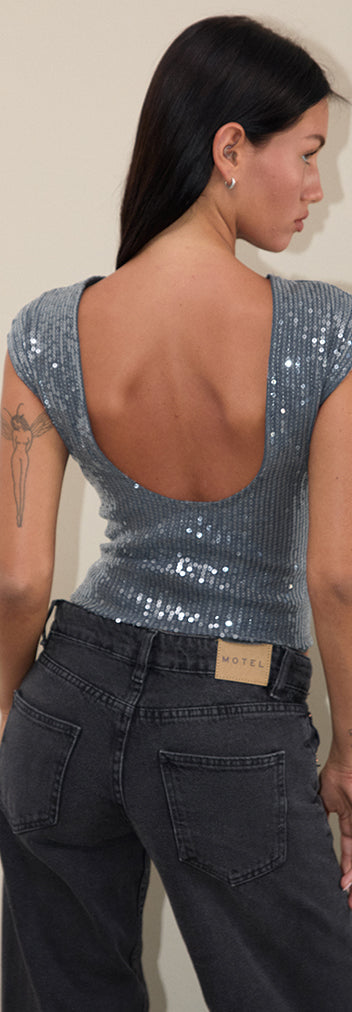 Charcoal Grey Shimmer Sequin Low Back Top | Erika – motelrocks-com-us
