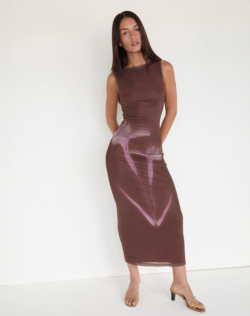 Brown Blurred Floral Print Maxi Dress | Fayola – motelrocks-com-us