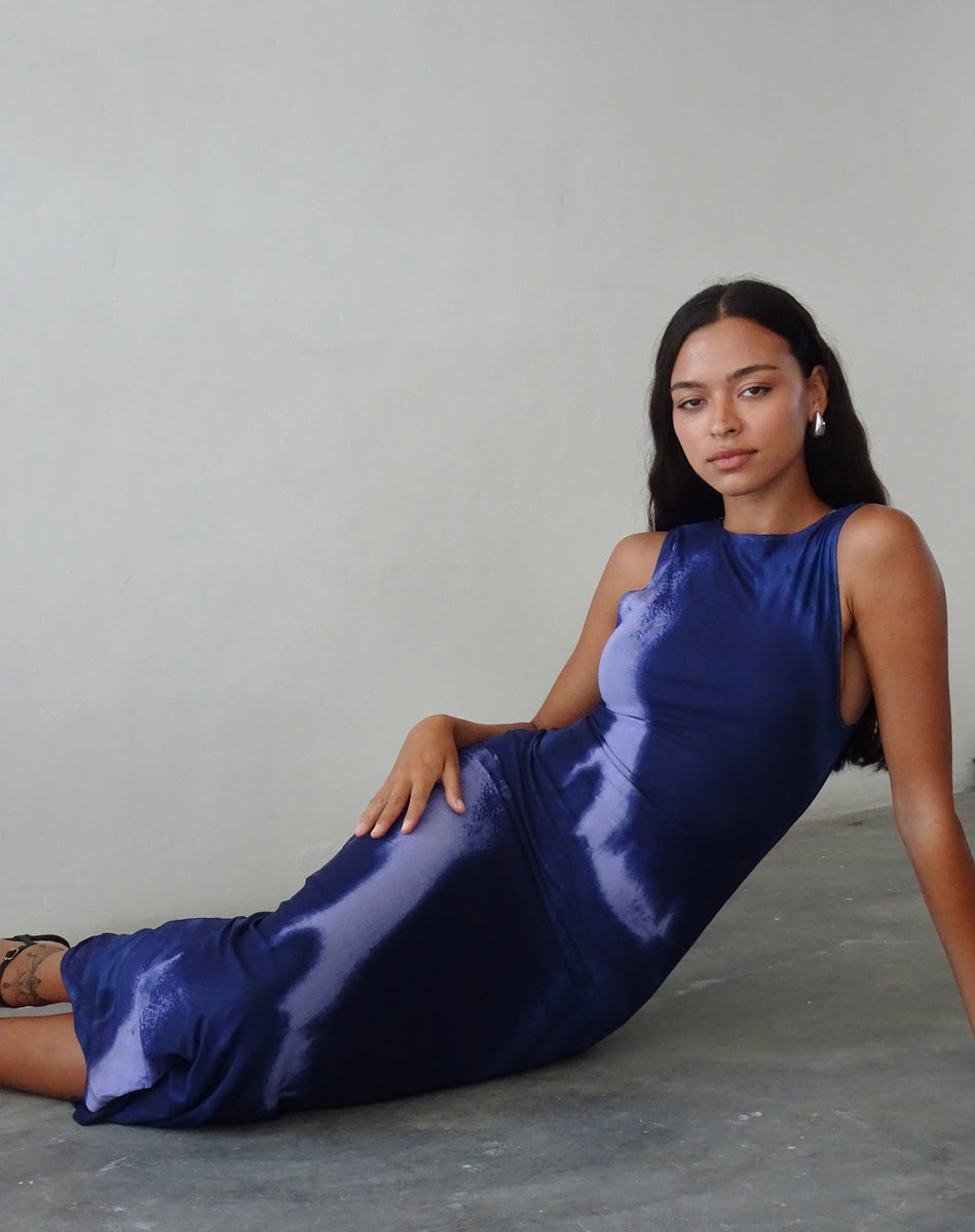Watercolour Navy Printed Maxi Dress | Fayola – motelrocks-com-us
