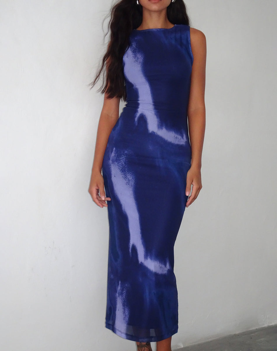 Watercolour Navy Printed Maxi Dress | Fayola – motelrocks-com-us