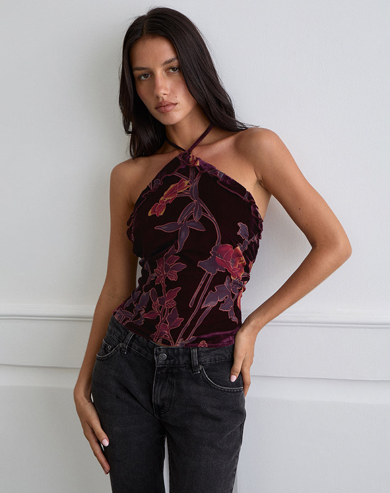 Burgundy Floral Devore Top | Fiorella – motelrocks-com-us