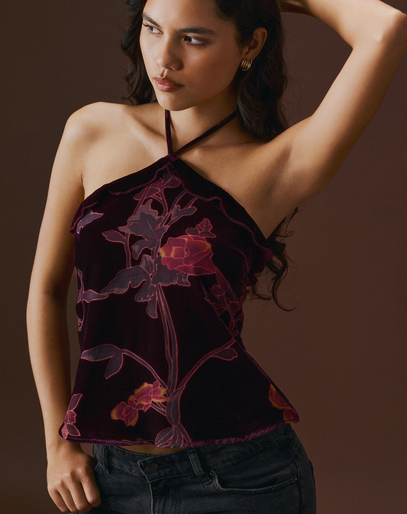 Burgundy Floral Devore Top | Fiorella – motelrocks-com-us