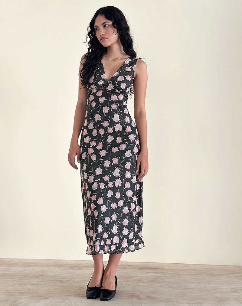 Jet Black Falling Rose Midi Dress | Gabriela – motelrocks-com-us