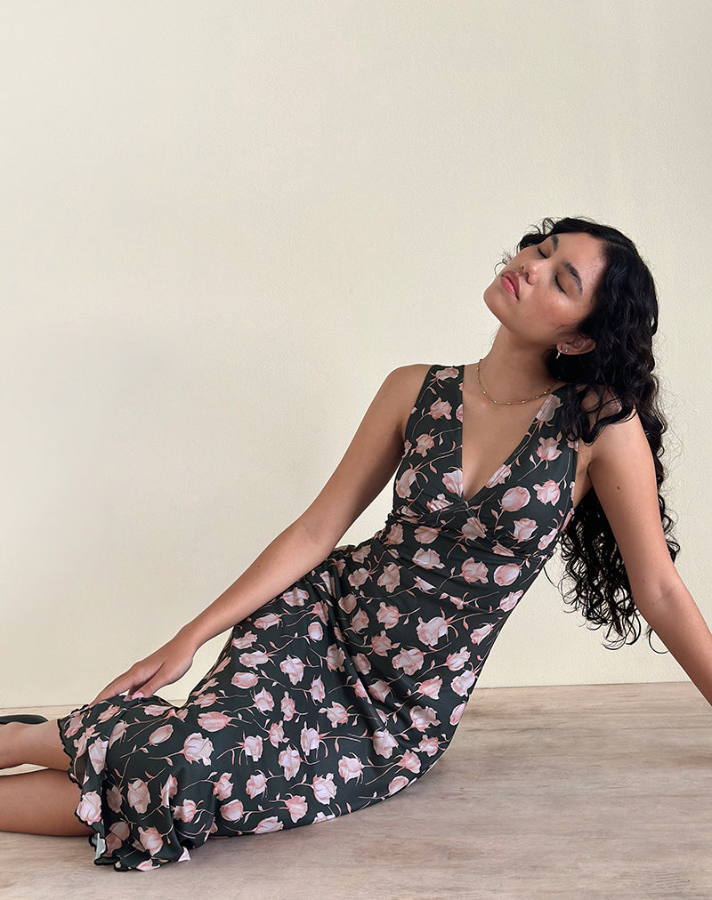 Jet Black Falling Rose Midi Dress | Gabriela – motelrocks-com-us