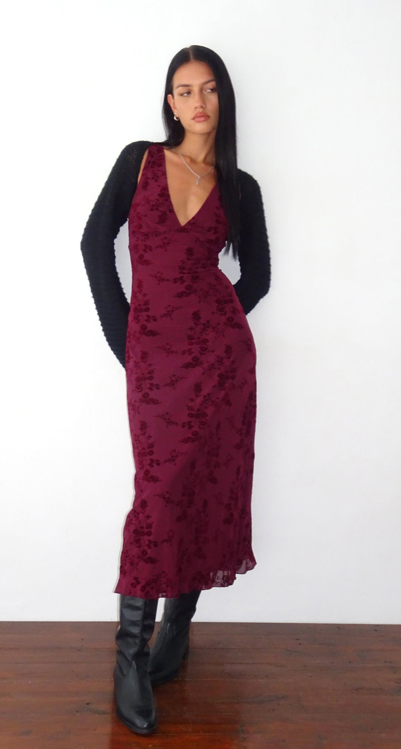 Botanical Flower Maroon Midi Dress | Gabriela – motelrocks-com-us