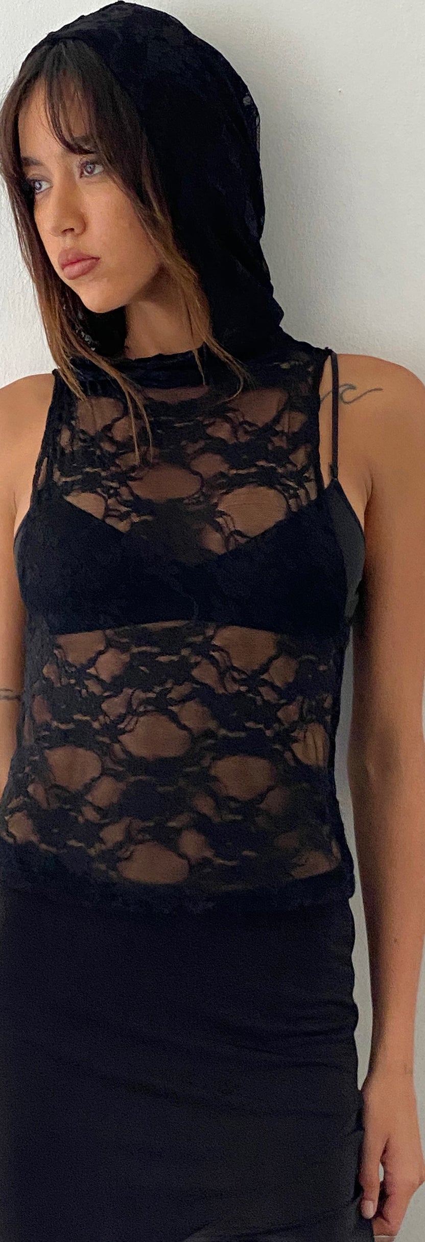 Abstract Lace Black Unlined Hooded Top | Garfie – motelrocks-com-us