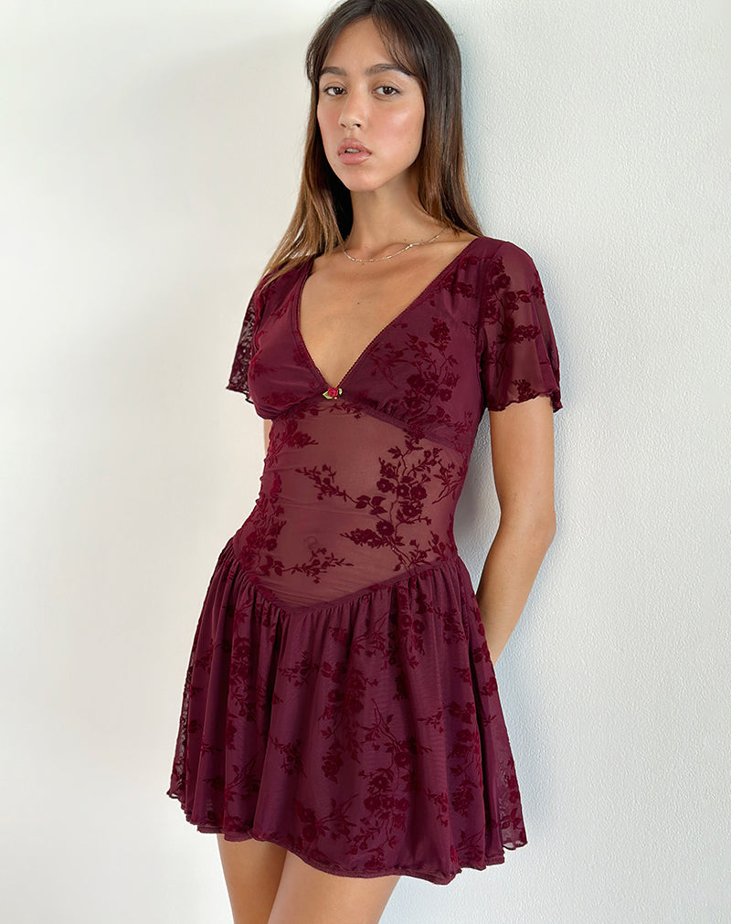 Botanical Flower Maroon Red Mini Dress | Geni – motelrocks-com-us
