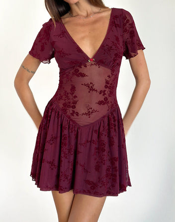 Botanical Flower Maroon Red Mini Dress | Geni – motelrocks-com-us