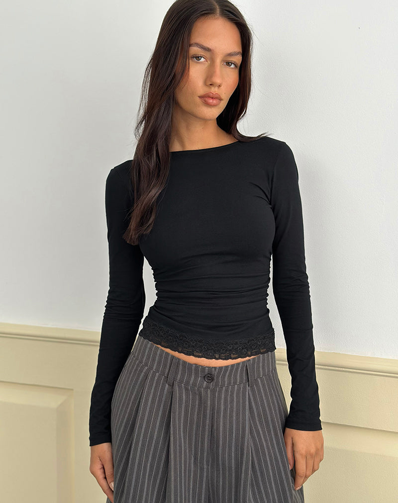 Black with Lace Trim Long Sleeve Top | Gomira – motelrocks-com-us