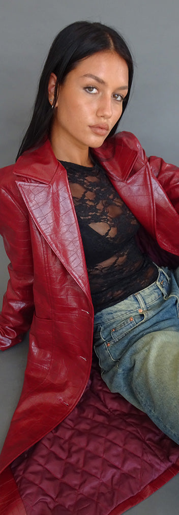 Burgundy Matte PU Croc Coat | Abigail – motelrocks-com-us