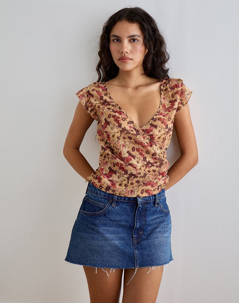 Brown Chiffon Rusty Flower Wrap Top | Heidi – motelrocks-com-us