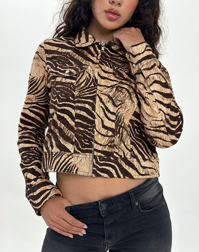 Wild Animal Print Cropped Long Sleeve Zip Up Jacket | Hoshi ...