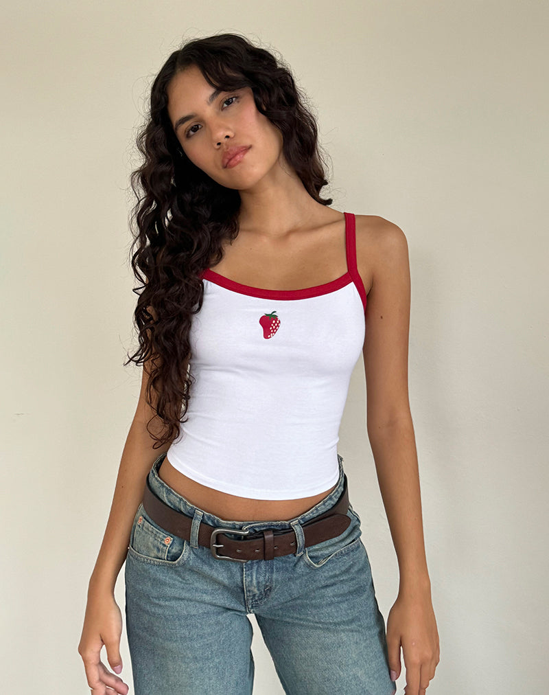 White Vest Top with Red Binding and Strawberry | Icah – motelrocks-com-us