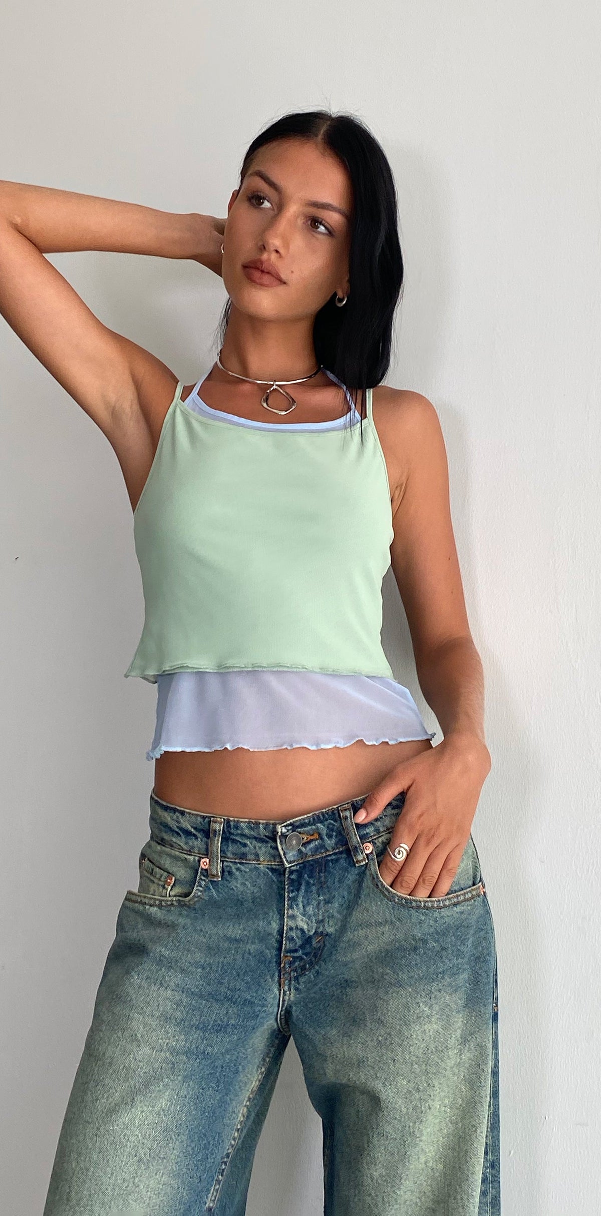 Frost Blue and Sage Green Double Layered Cami Top | Sapphi – motelrocks-com-us