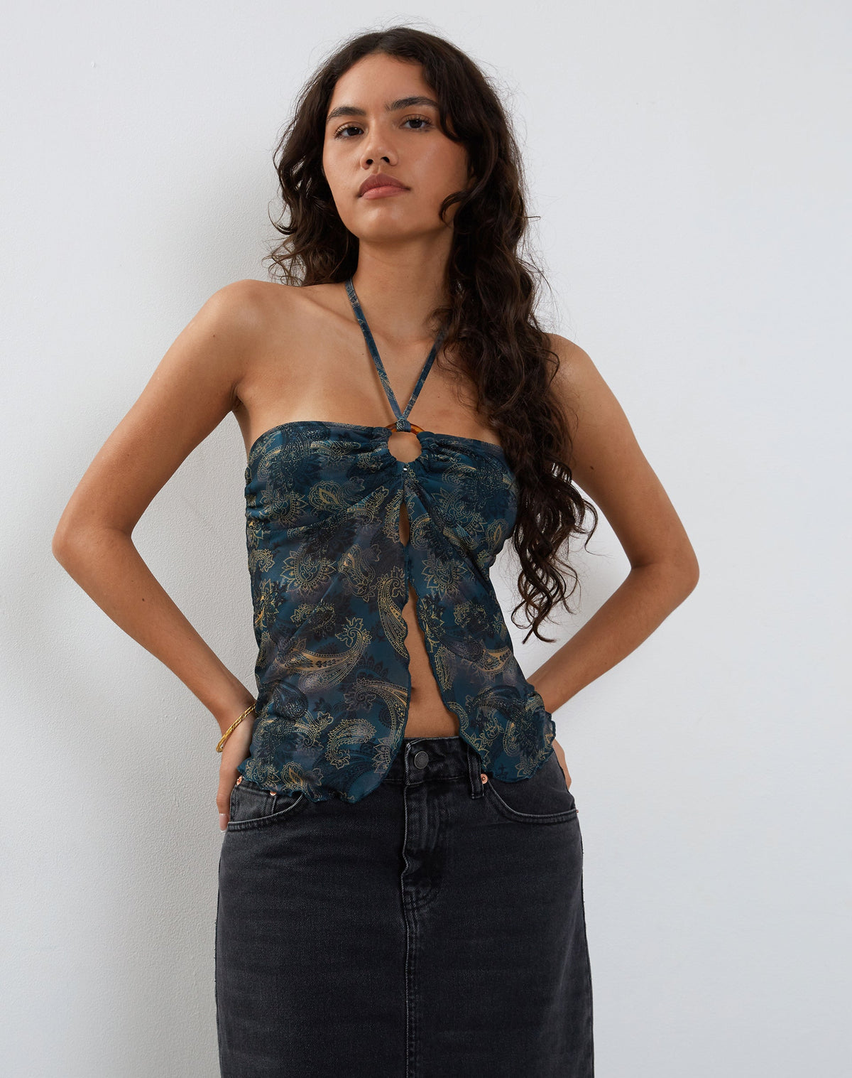 Tonal Pasiley Blue Halterneck Top | Janar – motelrocks-com-us