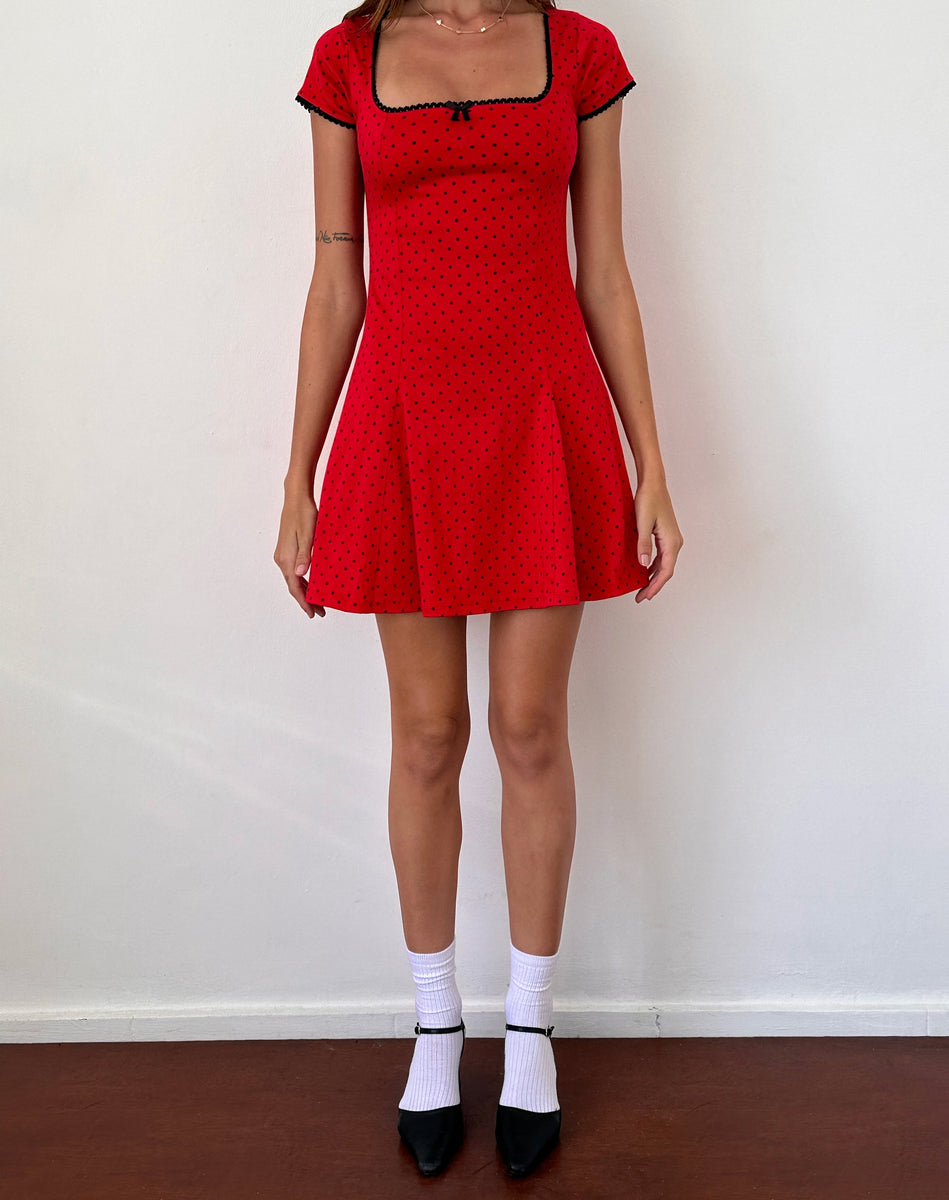Red Polka Pleat Detail Mini Dress | Jinae – motelrocks-com-us
