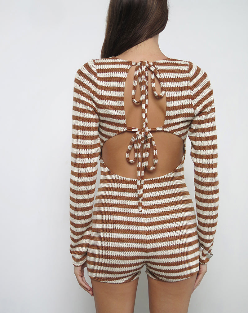 Brown and Ivory Stripe Tie Back Long Sleeve Playsuit | Kaipo ...