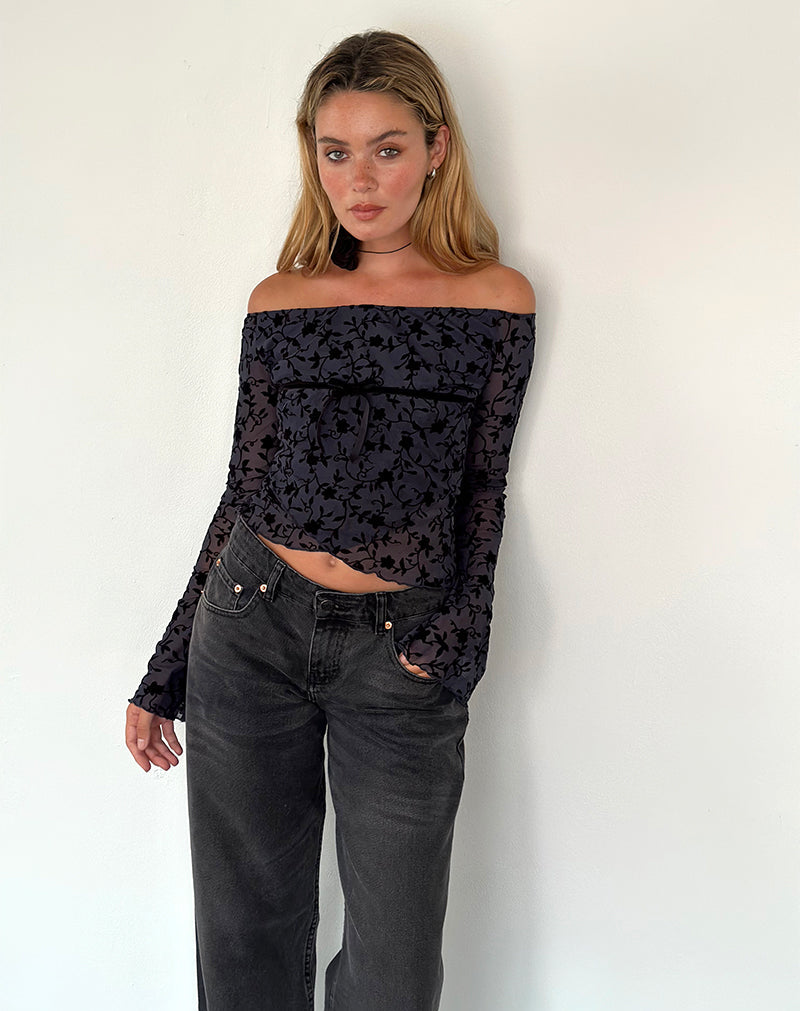 Navy Pretty Petal Flock Long Sleeve Bardot Top | Kareena – motelrocks ...