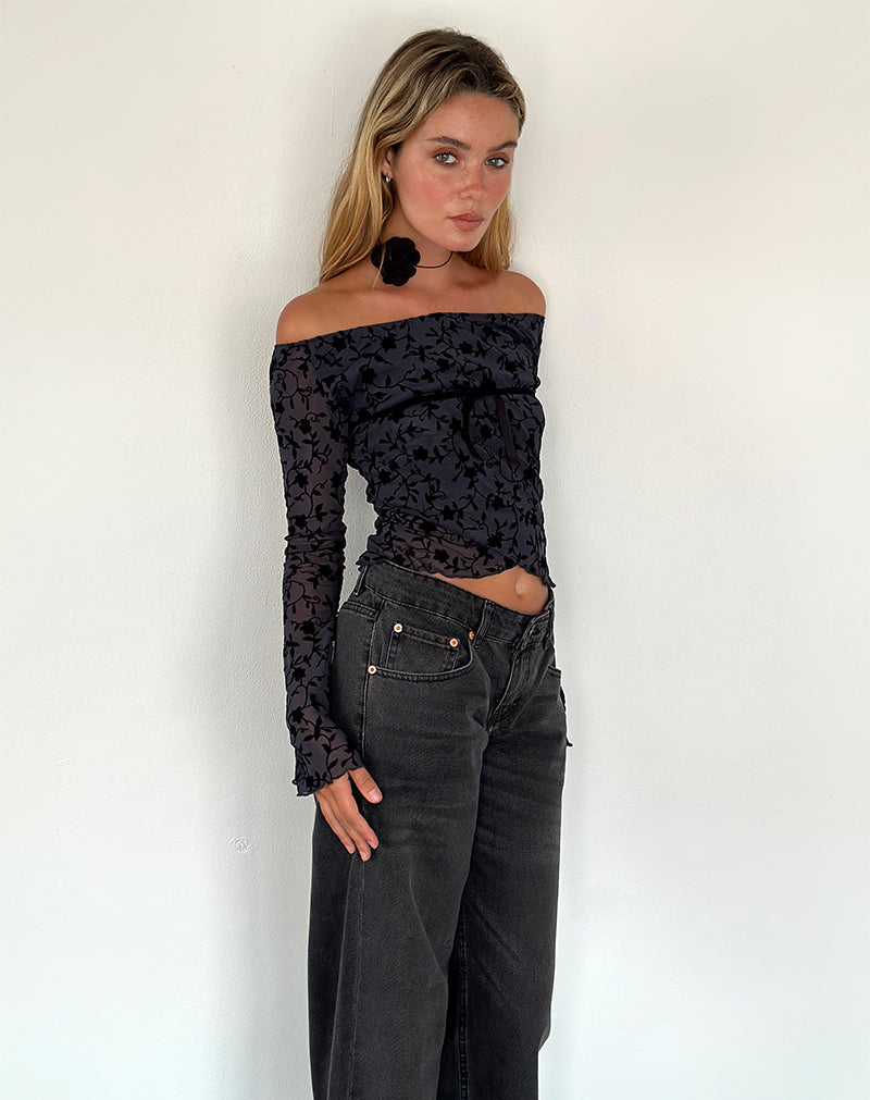 Navy Pretty Petal Flock Long Sleeve Bardot Top | Kareena – motelrocks ...