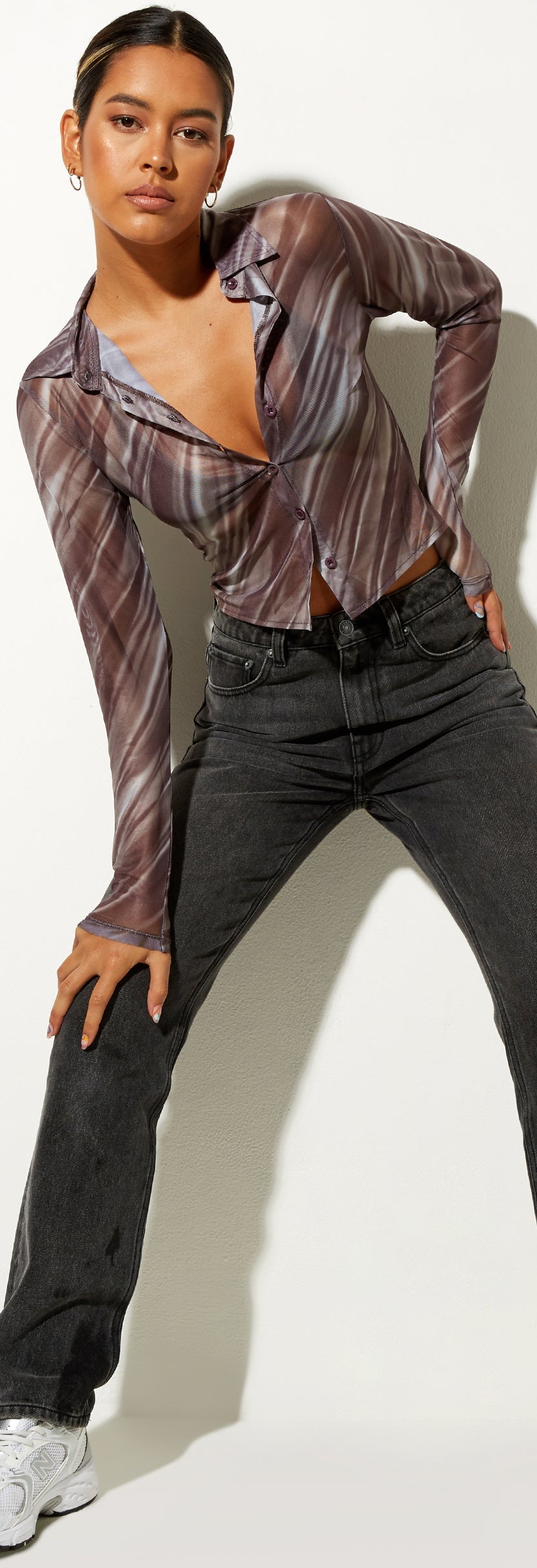 Chocolate Ripple Long Sleeve Button Up Cropped Shirt | Kelly ...