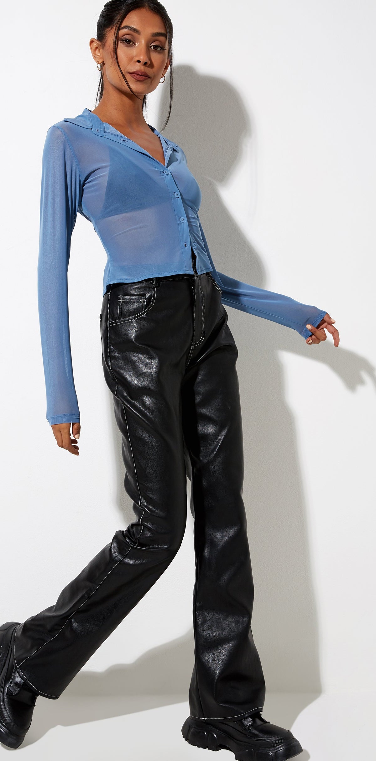 Long Sleeve Blue Mesh Shirt Top | Kelly – motelrocks-com-us