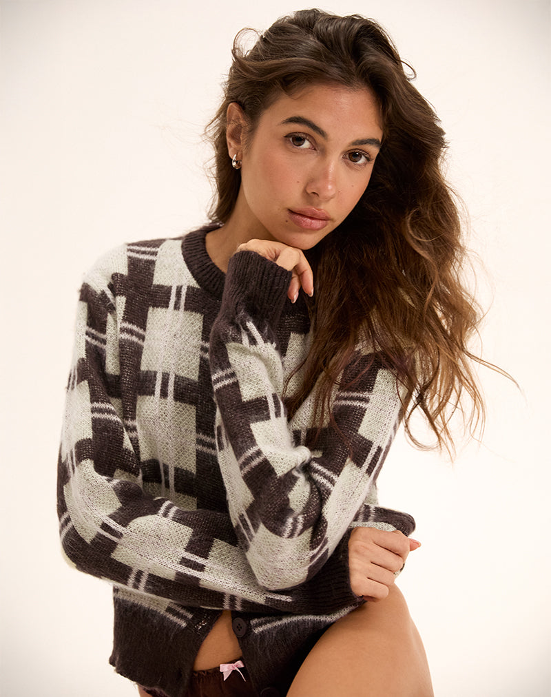 Brown Check Knit Cardigan | Anzio – motelrocks-com-us