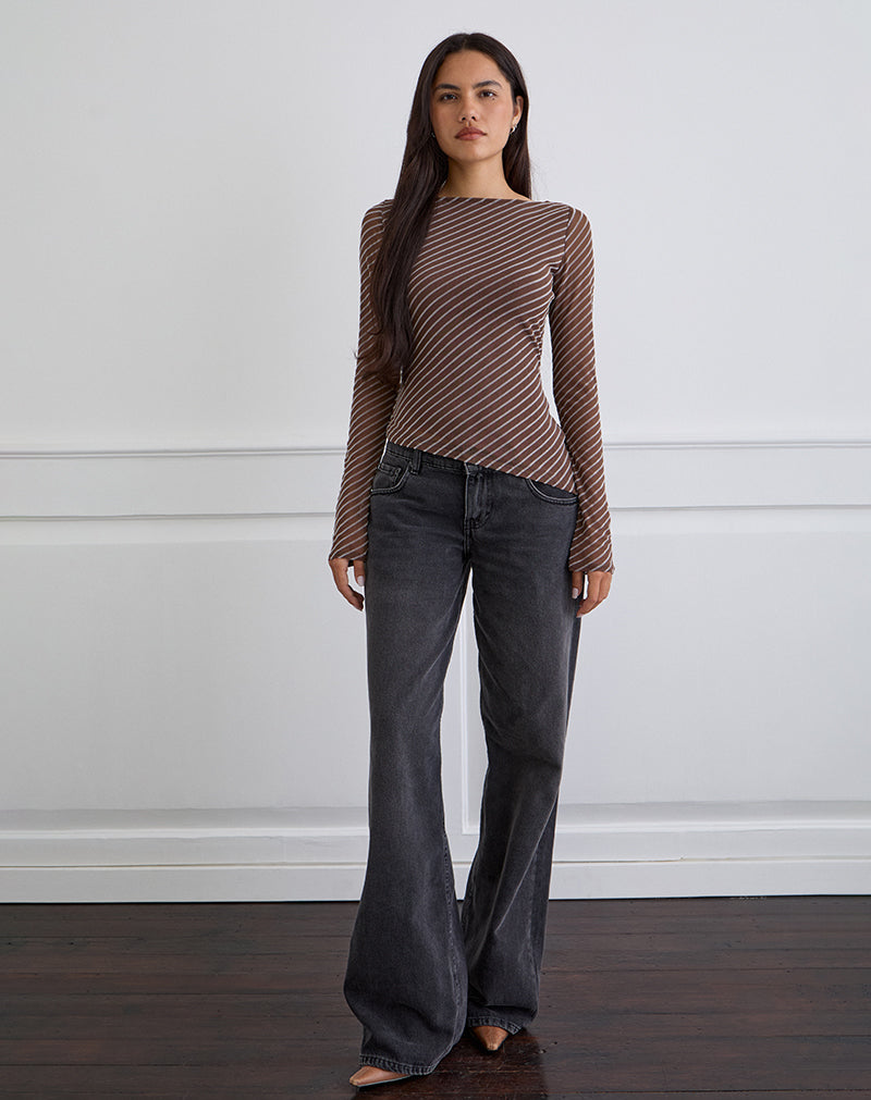 Cream and Brown Long Sleeve Flocked Diagonal Stripe Top | Lakya ...