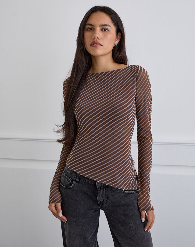 Cream and Brown Long Sleeve Flocked Diagonal Stripe Top | Lakya ...