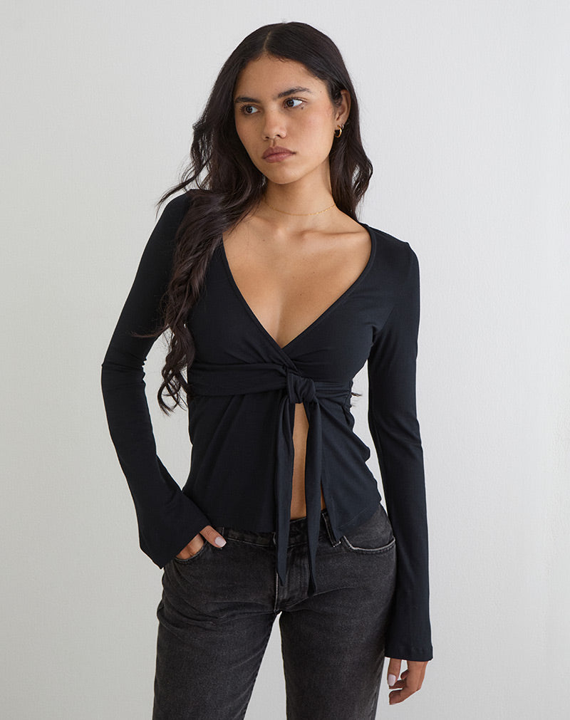 Black Wrap Plunge Long Sleeve Top | Lamae – motelrocks-com-us