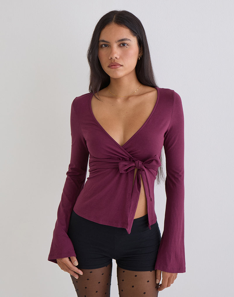 Deep Purple Wrap Plunge Long Sleeve Top | Lamae – motelrocks-com-us