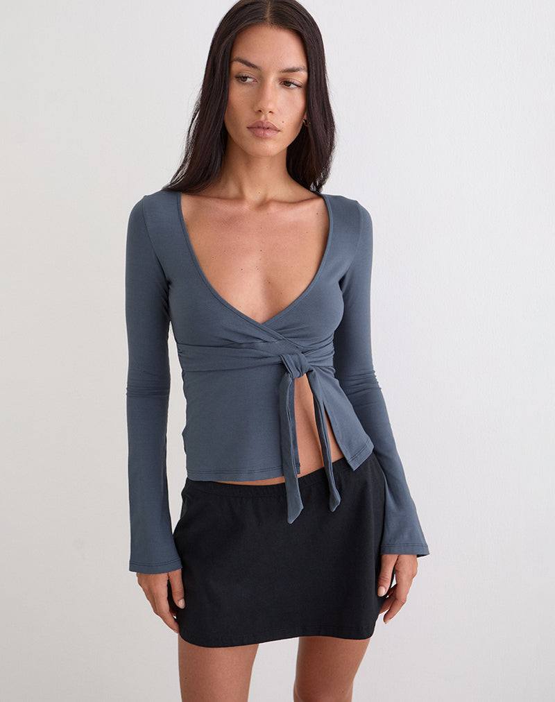 Ocean Storm Wrap Plunge Long Sleeve Tie Top | Lamae – motelrocks-com-us