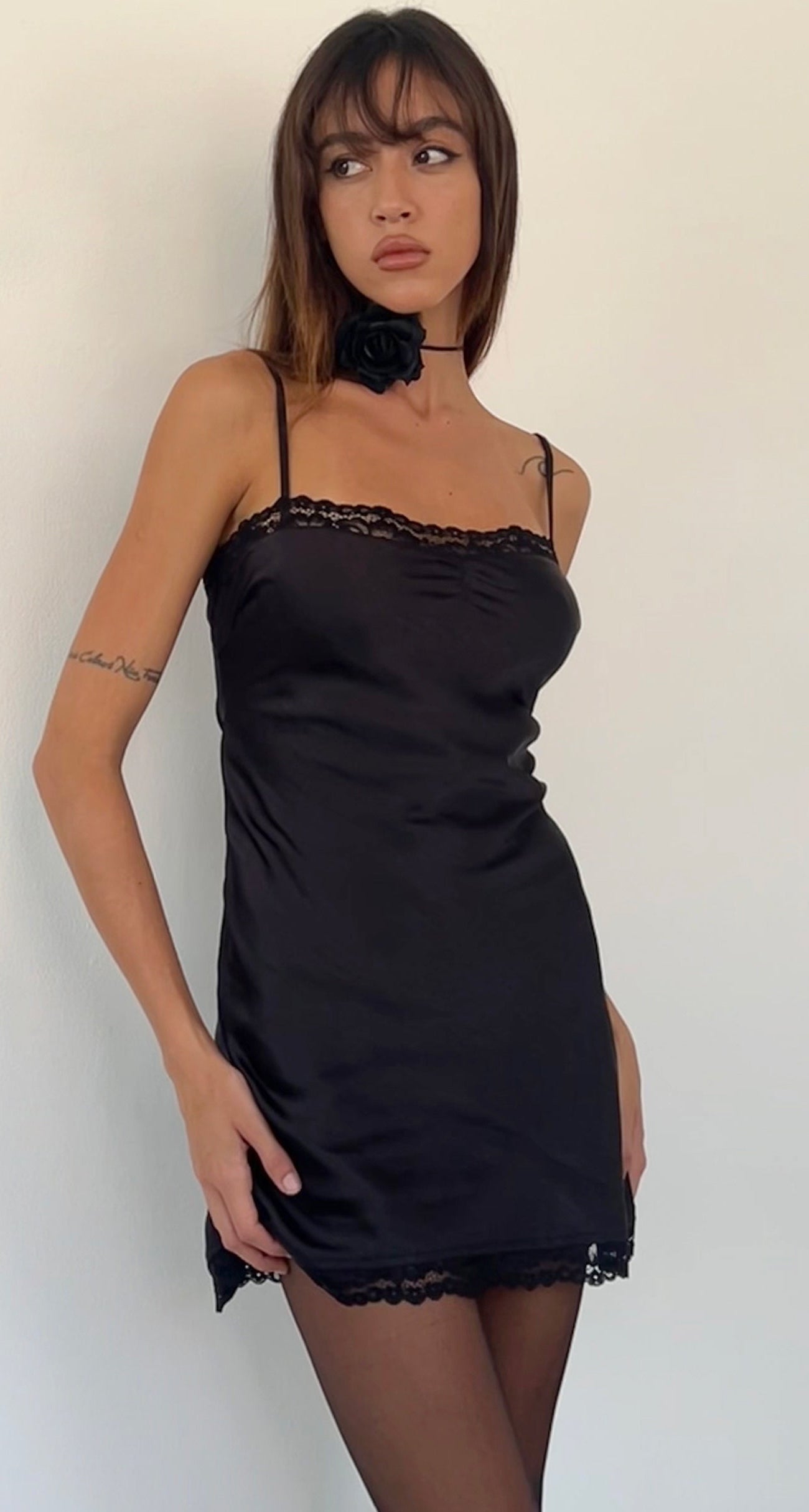 Black Lace Trim Satin Mini Dress | Larna – motelrocks-com-us