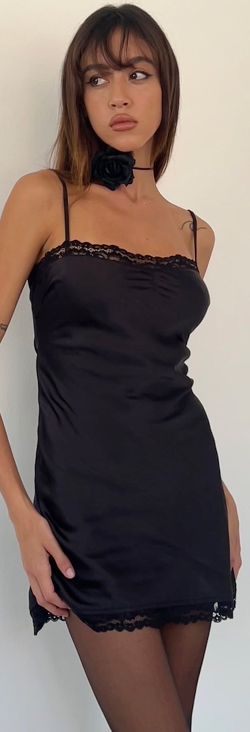 Black Lace Trim Satin Mini Dress | Larna – motelrocks-com-us