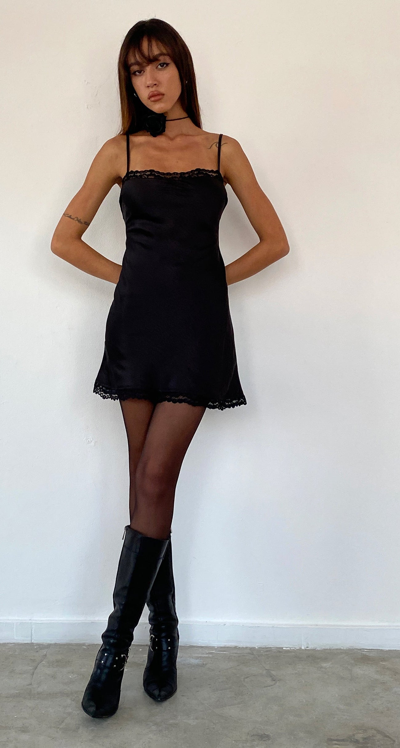 Black Lace Trim Satin Mini Dress | Larna – motelrocks-com-us
