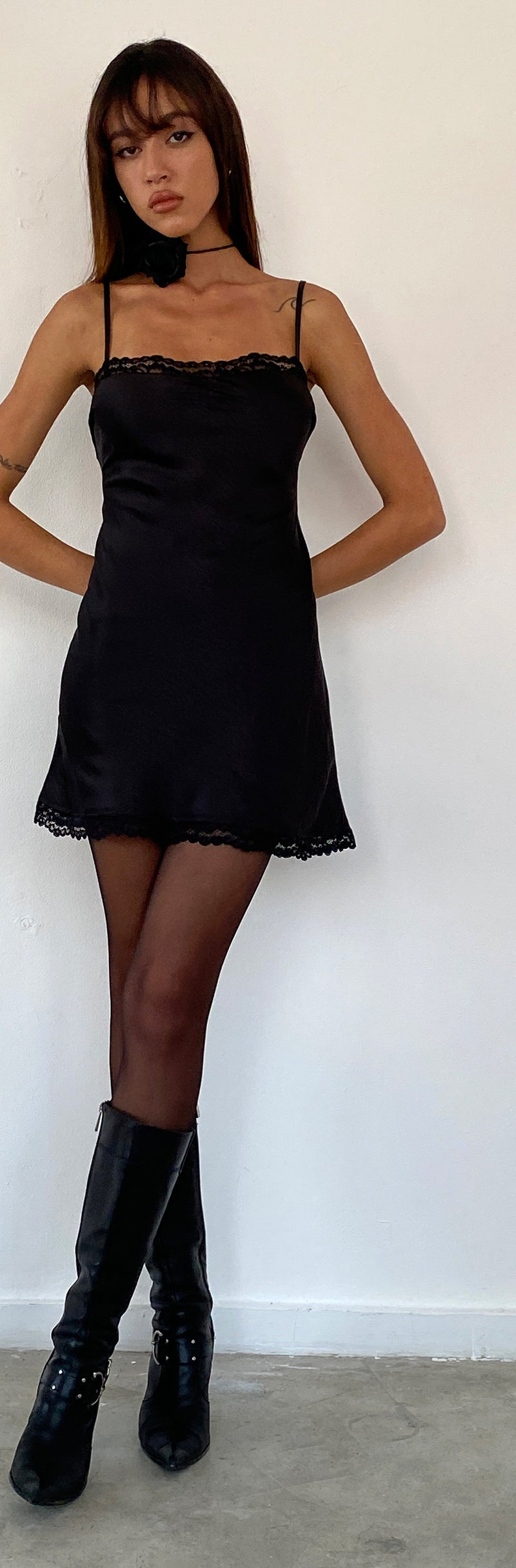 Black Lace Trim Satin Mini Dress | Larna – motelrocks-com-us