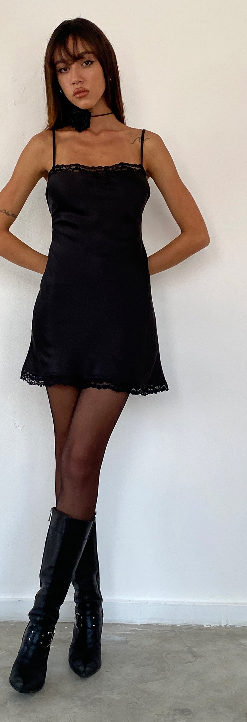 Black Lace Trim Satin Mini Dress | Larna – motelrocks-com-us