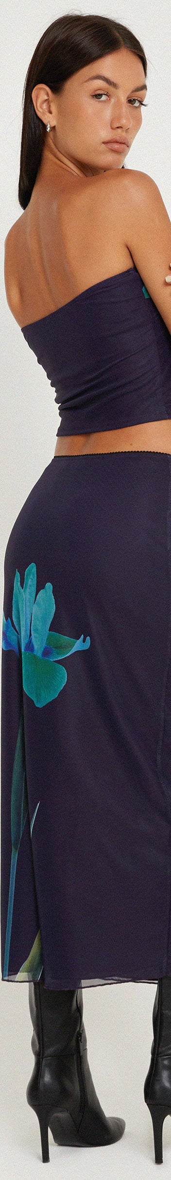 Navy Floral Print Midi Skirt | Lassie – motelrocks-com-us