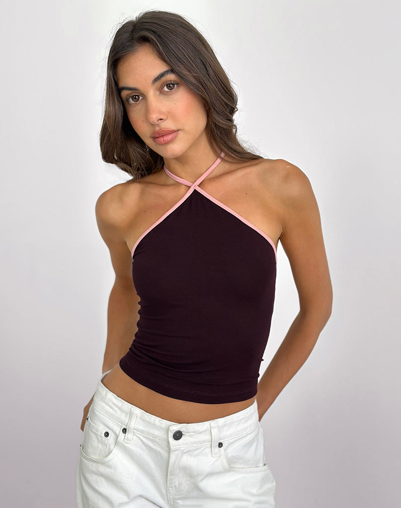 Redwood with Pink Lady Binding Halterneck Top | Lay – motelrocks-com-us