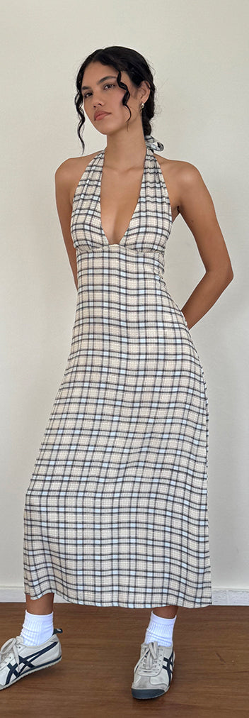 Pastel Blue Tartan Halterneck Midi Dress | Lenata – motelrocks-com-us