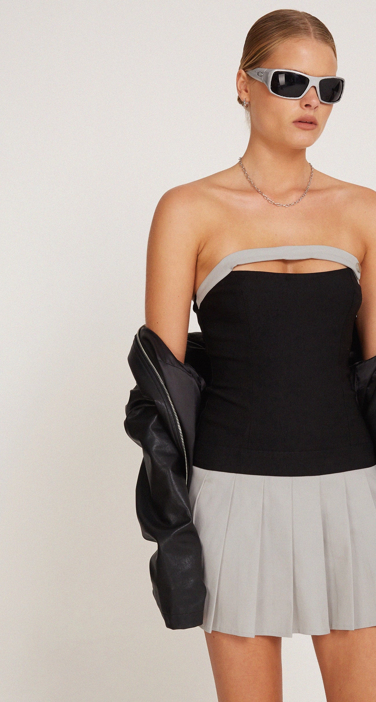 Grey and Black Tailoring Bandeau Mini Cut Out Dress | Lisma ...