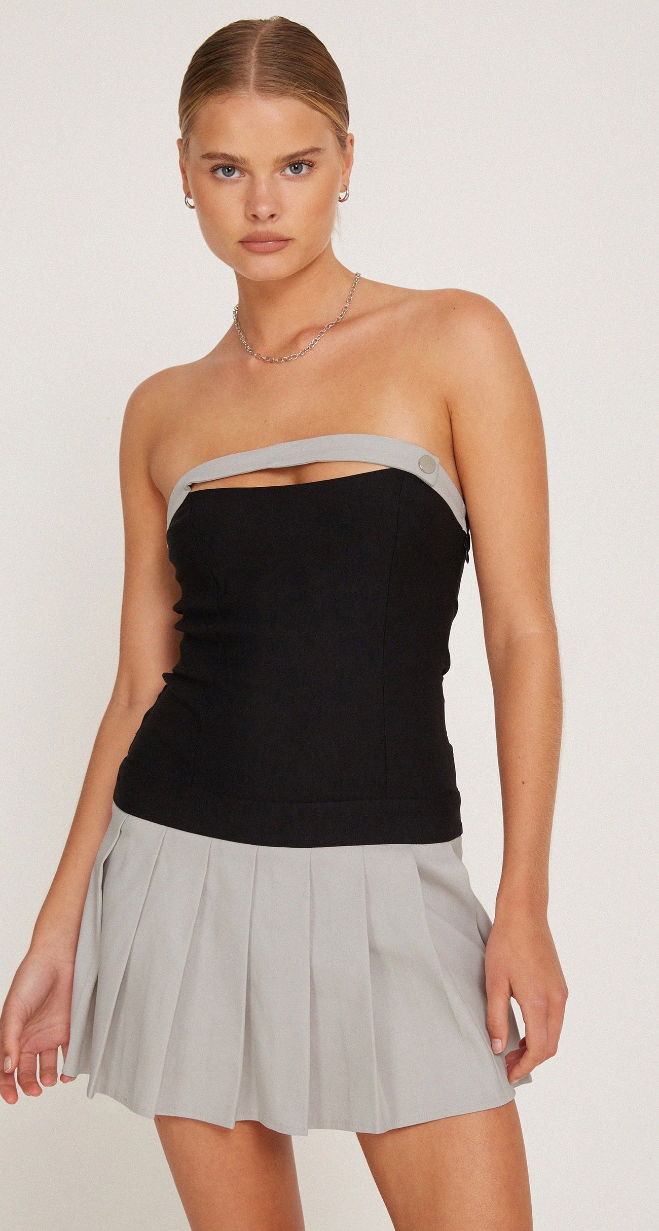 Grey and Black Tailoring Bandeau Mini Cut Out Dress | Lisma ...
