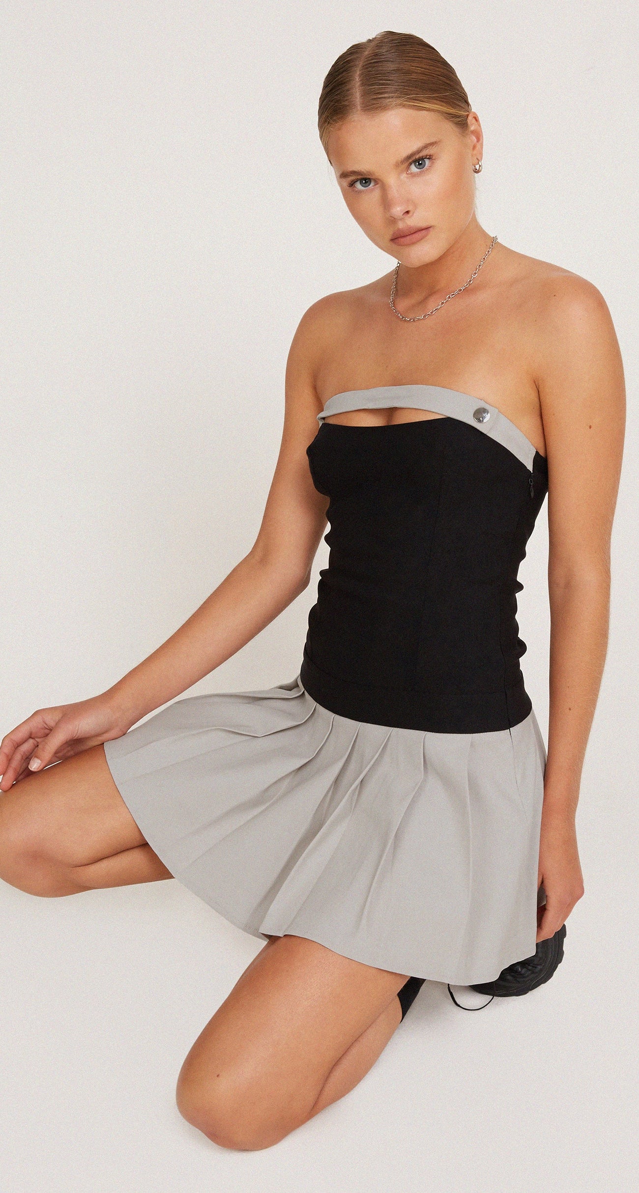 Grey and Black Tailoring Bandeau Mini Cut Out Dress | Lisma ...