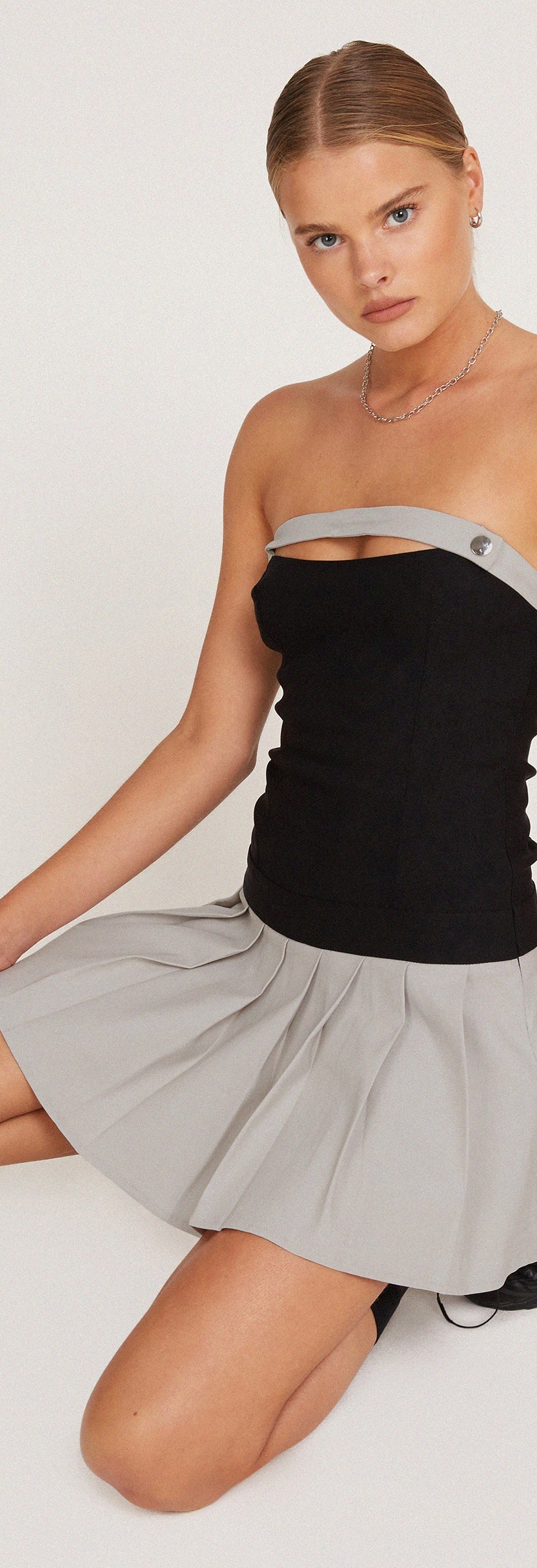 Grey and Black Tailoring Bandeau Mini Cut Out Dress | Lisma ...